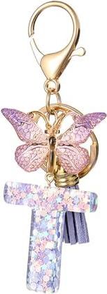 Generic Porte-cl&eacute;s en r&eacute;sine avec pendentif papillon et pompon en forme de lettre de lalphabet A Z pour sac de femme Petit portefeuille pour femme, Pp19, tail
