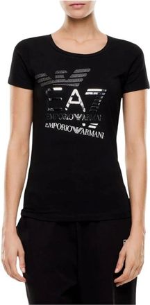 Emporio Armani Emporio Armani Ea7, Femme, Tops, Noir, Taille: 40 FR T-shirt &agrave; col rond avec imprim&eacute; en coton stretch Logo Series