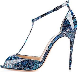 EDEFS Femmes Bride Cheville Talons Hauts Sandales Bout Ouvert T-Strap Aiguille Chaussures Habillées À La Mode Fleur-bleu Taille EU42