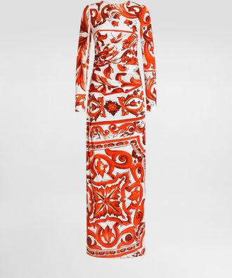 Dolce & Gabbana Langes Kleid Aus Organzine Mit Majolika-print - Frau Kleider Multicolor 44
