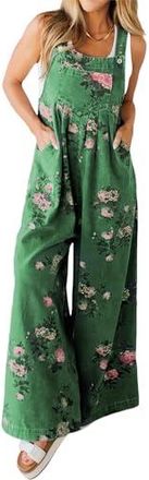 Generic Salopette en jean d&eacute;contract&eacute;e avec poches imprim&eacute;es pour femme, combinaison d&eacute;t&eacute; boh&egrave;me &agrave; bretelles r&eacute;glables, jambes larges avec poches, Vert, S