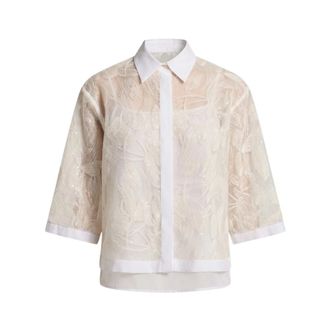 PESERICO Femme, Blouses et Chemises, Blanc, Taille: 34 FR Chemise en Tulle Brod&eacute;