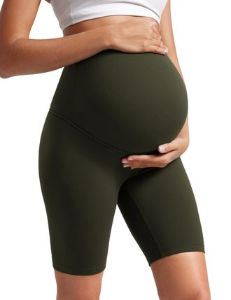 CRZ YOGA Damen Butterluxe Kurze Umstandsleggings Schwangerschaft Shorts Umstandsshorts Umstandshose Yoga Leggings - 20cm Olivgrün 42