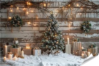Islandburner XXL Bild Poster Verschneite Weihnachtsszene geschmückter Baum Kerzen Kleiner Weihnachtsbaum vor Holzwand Premium Bilder Fotodruck