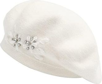 ZLYC Femmes Classique Francais Cachemire Chapeau de Béret avec Décor Floral(Fleurs Blanches),Taille Unique