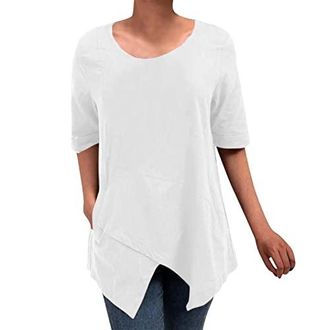 Generic Chemisiers d&eacute;t&eacute; pour femme - Grande taille - Manches quart - T-shirts en coton pour femme - Coupe ample - Chemise en lin boh&egrave;me ample - Haut blanc - H