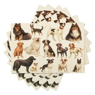 Generic 6 St&uuml;ck Platzset Niedliches Hundemotiv, 30x45cm Abwaschbar, Tierillustration Bedruckte Tischsets, Cremefarben rutschfeste aus Leinen dekorativ, Geeign