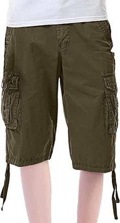 Minetom Femme Pantalons Cargo Short Bermuda Eté Multi-Poches Shorts Cargo Sport Grande Taille Casual Genou Longueur Pantalon Capris A Armée Verte XL