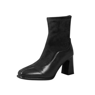 Generic Bottes mi-mollet pour femme &agrave; talon bloc &eacute;pais Bottines courtes &eacute;l&eacute;gantes patchwork couleur unie fermeture &eacute;clair dans le dos confortables bottines d&eacute;