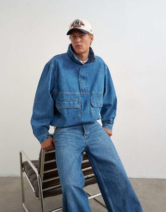 Topman Oversize-Denimjacke mit Stehkragen in mittlerer Waschung-Blau