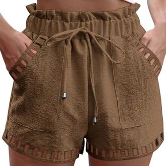 Generic Tailleurs-Pantalons+Femme Short Court en Lin et Coton pour Femmes, Couleur Unie, Cordon élastique, Jambes Larges, ajouré, à la Mode Pantalon Ete Femme