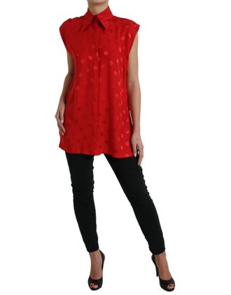 Dolce & Gabbana Womens Red Polka Dot Sleeveless Collared Blouse Top Silk