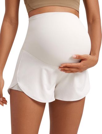 CRZ YOGA Damen 2 in 1 Mutterschaft Workout Shorts mit Tasche über Bauch Geteilter Schlitz Athletic Running Lässig - 8 cm Milchig Weiß 42