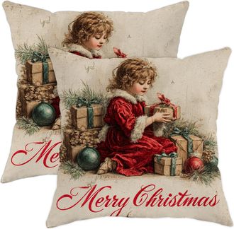Generic M&auml;dchen Vintage Fantasievolle Geschenke Weihnachtsbaum Rot Dekokissenbezug Modern Kissenbezug Komfort Kissenh&uuml;lle F&uuml;r Balkon Hotel Bett 45X45Cm 2Er Se