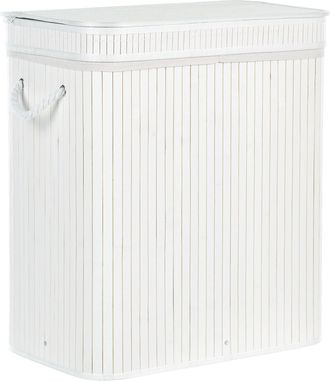 Beliani W&auml;schekorb Bambusholz wei&szlig; handgemacht mit Deckel 2 Kammern Sack Kalthota