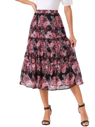 Allegra K Damen A Linie Chiffon Ruffle Blumen Maxirock Rock Schwarz Rosas XL