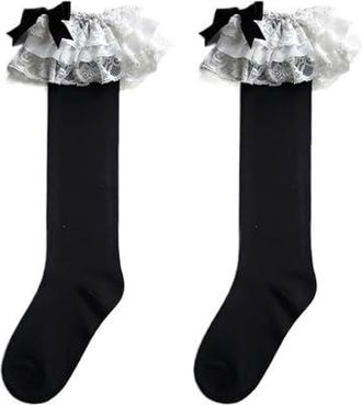 Generic Chaussettes hautes avec noeud et dentelle, style japonais doux pour femme, Noir, Taille Unique
