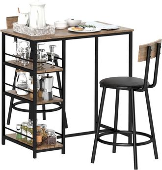 HOMCOM Homcom - Bartisch mit Barhocker Set, Bartisch-Set f&uuml;r 2 Personen mit 2 Gepolsterten Barst&uuml;hlen, R&uuml;ckenlehne, K&uuml;chentisch mit 3 Ablagen, im