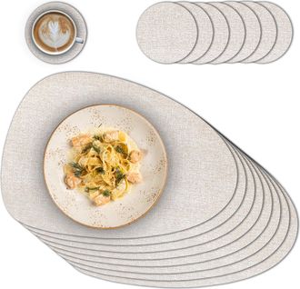 Matches 21 Ovales Tischset mit Glasuntersetzer im 8er Set - Platzset f&uuml;r Esstisch & K&uuml;che Beige meliert - Hitzebest&auml;ndige PVC Untersetzer abwaschbar