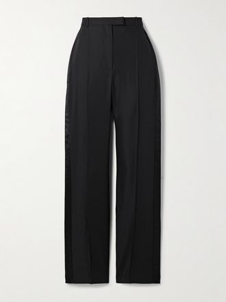 Alexander McQueen Pantalon Droit En Serge De Laine Mélangée À Finitions En Satin - Noir