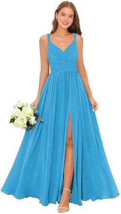 Generic Robe de demoiselle dhonneur en mousseline de soie avec col en V et bretelles spaghetti, longue robe de soirée froncée avec fente, bleu lac, 50 Grande 