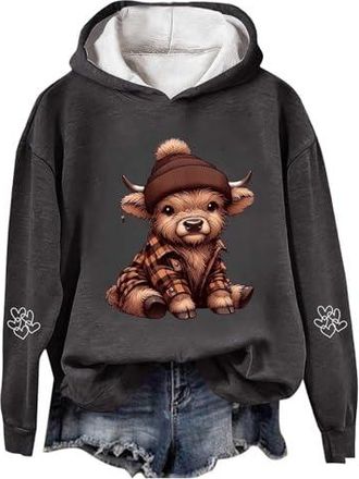 Generic Sweat &agrave; capuche vache Highland pour femme - Pull de No&euml;l d&eacute;contract&eacute; - Grande taille - Pull ample et amusant - Pull dhiver doux et chaud en polaire - 