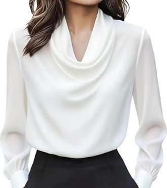 Generic Chemisier en satin pour femme &eacute;l&eacute;gant &agrave; col b&eacute;nitier drap&eacute; en satin au toucher soyeux &agrave; manches longues en soie pour femme, chemises de soir&eacute;e, de bur