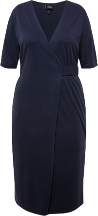 Ulla Popken Damen große Größen Übergrößen Plus Size Midikleid, Wickeloptik, V-Ausschnitt, Halbarm, Taschen Marine 46+ 829868770-46+