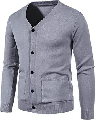 Generic IQYU Cardigan fin pour homme - Col en V solide - Coupe ajustée - Pull chaud à manches longues - Col montant - Manteau tricoté - Veste en laine essenti