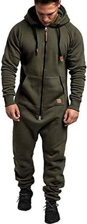 Onsoyours Pyjama Une Pièce Hommes Combinaison Onesie Pyjama à Glissière Encapuchonné Poche Cordon Barboteuses Combinaison Longue Automne Hiver A Armée Verte XL
