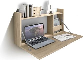 HERDASA Bureau mural, modèle TURIN, en mélamine- Chêne clair-Blanc