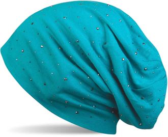 styleBREAKER Damen Beanie Mütze mit edler Strass-Nieten Applikation, Longbeanie Slouch 04024037, Farbe:Türkis