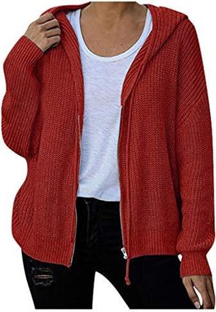 Generic 2026 Vestes en tricot pour femme avec fermeture &eacute;clair, grand cardigan &eacute;pais &agrave; capuche, Rouge, XL