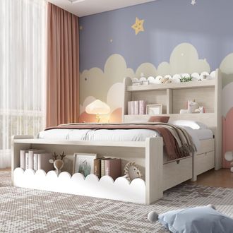 Merax Einzelbett 90x200 cm Kinderbett mit Schubladen, Regal & Sitzbank - Stauraumbett aus Holz, Weiß mit Eichefarben, Massives Bettgestell mit Lattenrost, J