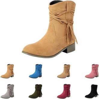 Generic Bottines larges en daim pour femme &agrave; bout rond et talon bas - Chaussures mi-mollet confortables - Chaussures de cowgirl et cowboy - Chaussures de marc