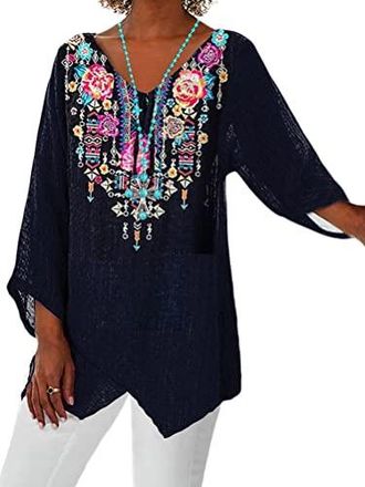 Onsoyours Femme Tunique À 3/4 Manches Longues Chemise Élégant Imprimée Blouses Casual Vintage Ample Swing T-Shirt Grande Taille Comfortable Chemisier Hauts Pull