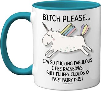 Stuff4 Bitch Please Im So Fabulous Einhorn-Tasse, 325 ml, Keramik, hellblauer Griff, lustige Geschenke für Frauen, Geburtstagsgeschenk, Tee-Sets für Erwachse