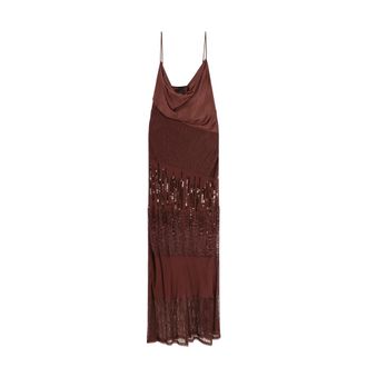 Pinko Braunes Drapiertes Kleid Pailletten Stickerei - - Dresses - Damen - Braun - S