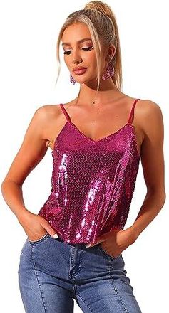 Allegra K Top Paillet&eacute; Femme Bretelles Spaghetti Brillant Scintillant pour F&ecirc;te Soir&eacute;e Rose Vif S