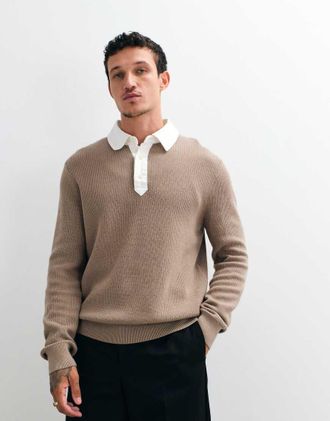 GANT polo en maille rugby en coton et m&eacute;rinos &agrave; col contrastant beige-Neutre