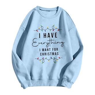 Generico Genérico Veste polaire pour fête de Noël, pull laid de Noël à col rond, sweat à capuche imprimé lettres pour femme à manches longues, bleu clair, XXL