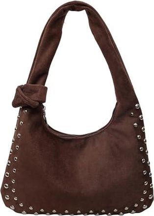 Generic Grand sac &agrave; bandouli&egrave;re r&eacute;tro en daim synth&eacute;tique avec rivets pour femme, voyage, hiver, automne, caf&eacute;, 16.54*5.31*11.81inch