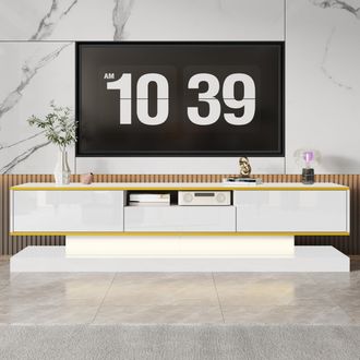 Generic TV Schrank wei&szlig; Hochglanz 180 cm Lowboard mit 3 Schubladen farbwechselnder LED goldene Akzente Fernsehtisch f&uuml;r bis 85 Zoll luxuri&ouml;s Wohnzimmer