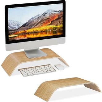 Relaxdays 2 x Monitorständer Bambus, gebogene Bildschirmerhöhung für Schreibtisch, ergonomisch, hbt: 10 x 52,5 x 24 cm, natur