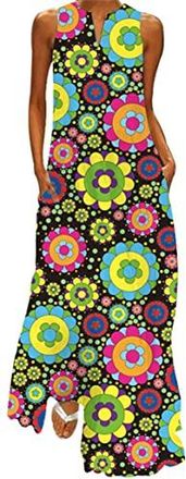 Ocean Plus Robes Maxi Imprimées Vintage sans Manches avec Col en V pour Femmes en Été (4XL, Roue à Fleurs colorée)
