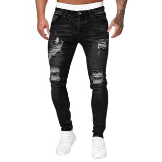 Generic Herren Destroyed Stretch Jeans Coole Schwarze Mode Jeans Skinny Ripped Slim Fit Hip Hop Hose Mit Löchern Für Männer Reißverschluss Jeans Party Freizei