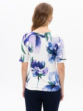Passioni T-Shirt Halbarm Shirt mit floralem Print Wei&szlig;es Sommer Shirt mit lila-blauem Blumenmuster