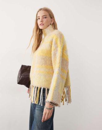 Asos pull &agrave; franges bross&eacute; &agrave; carreaux jaune