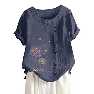 Generic Chemisier &agrave; manches courtes et col rond pour femme - Chemise en lin blanc surdimensionn&eacute;e - Linentops Beachshirts Vacances Haut de travail d&eacute;t&eacute; T-shir