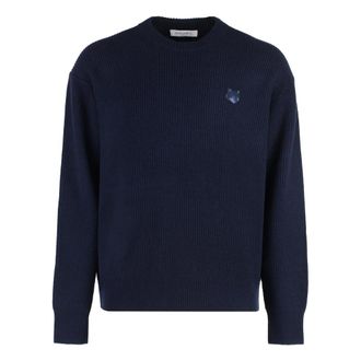 Maison Kitsun&eacute; Fox Front Patch Rundhals-Pullover - - Knitwear - Herren - Blau - XL